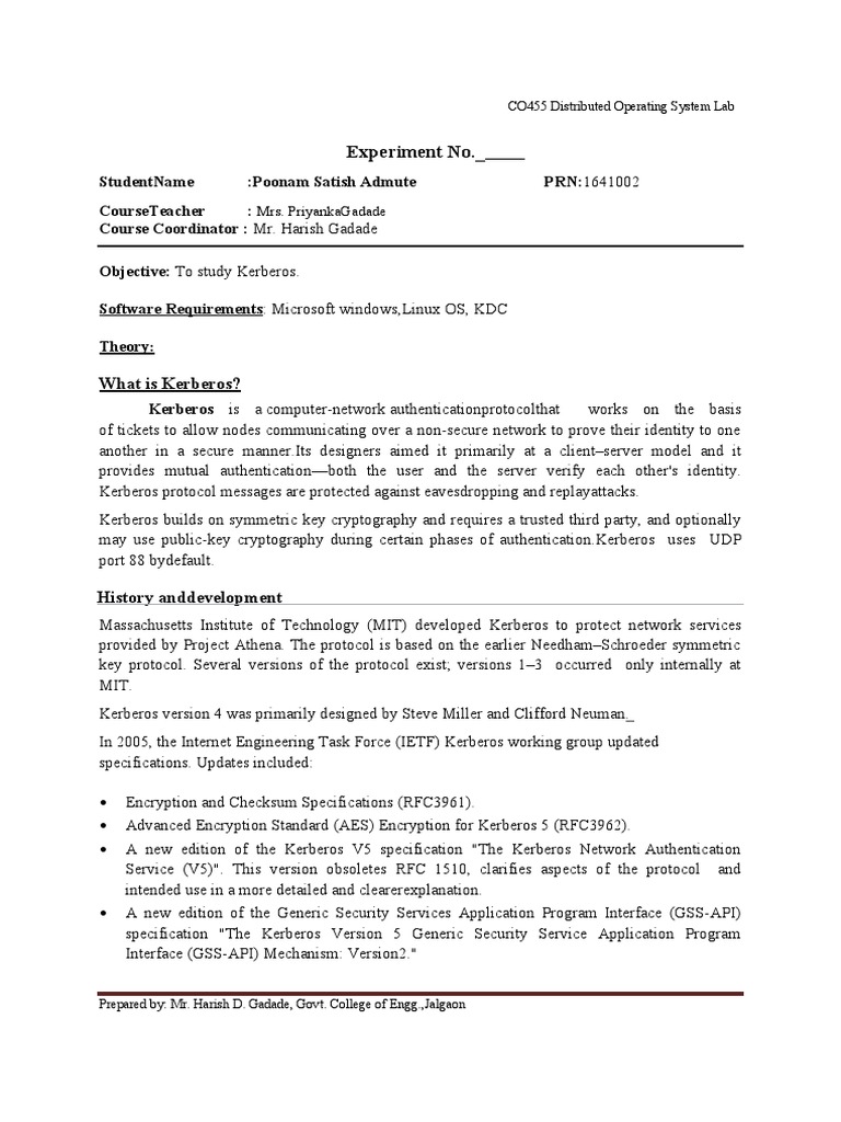 Experiment No. - : W Hat Is Kerberos? | Download Free PDF | Espionage Techniques | Military ...