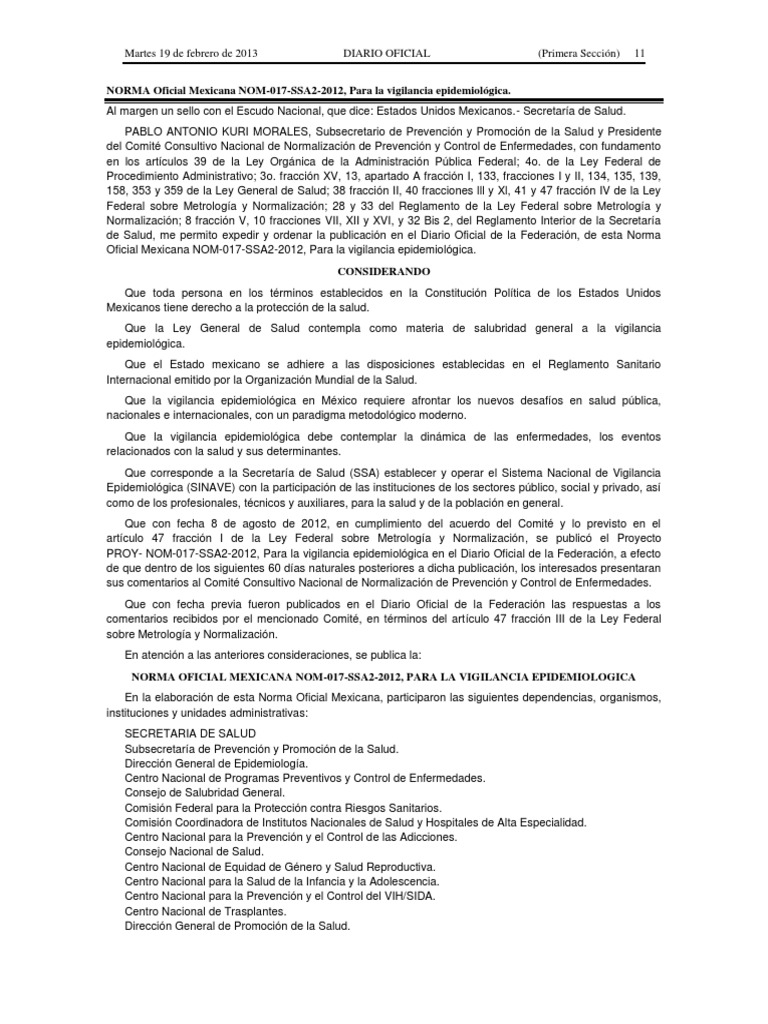 Nom 017 Ssa2 2012 - 190213 PDF | PDF | Vigilancia | Epidemiología