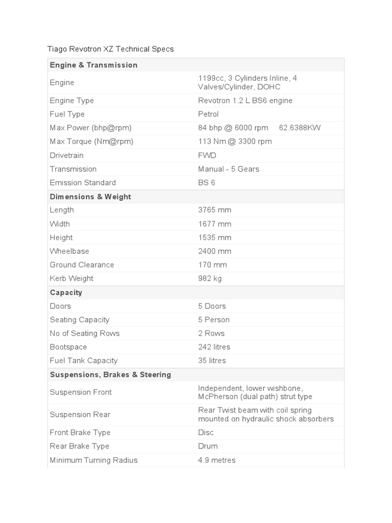 Engine & Transmission: Tiago Revotron XZ Technical Specs | PDF ...