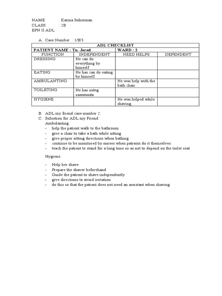 Adl Checklist Patient Name: Tn. Jared Ward: 2 | PDF