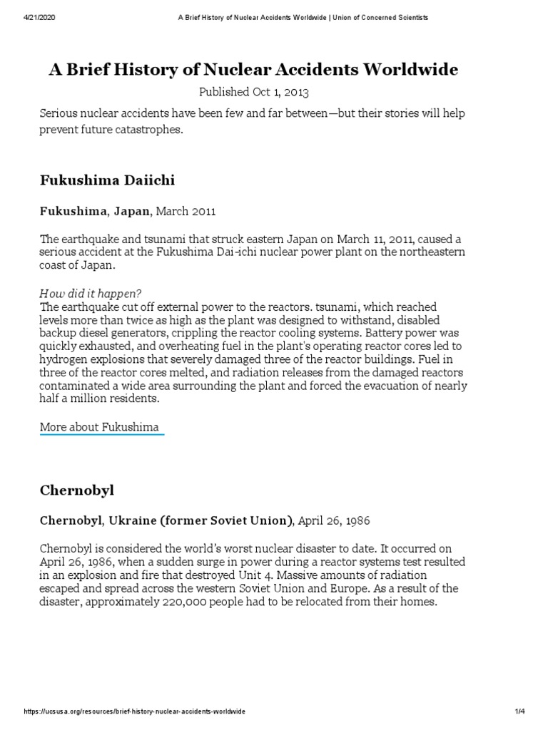A Brief History of Nuclear Accidents Worldwide - Union of Concerned Scientists | PDF | Nuclear ...