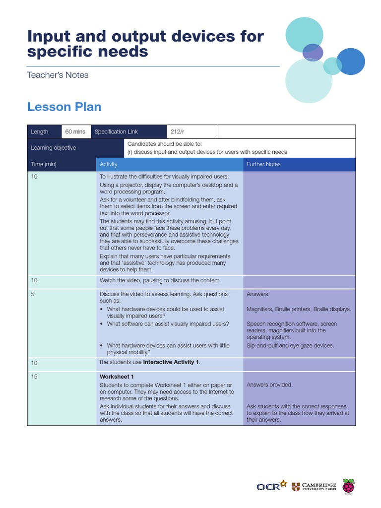 Input and Output Devices For Specifi C Needs: Lesson Plan | PDF | Computer Keyboard | Icon ...