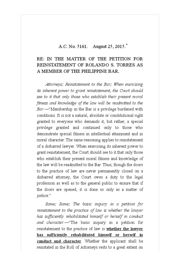 F13 - in Re Petition For Reinstatement, Torres | PDF | Disbarment | Lawyer