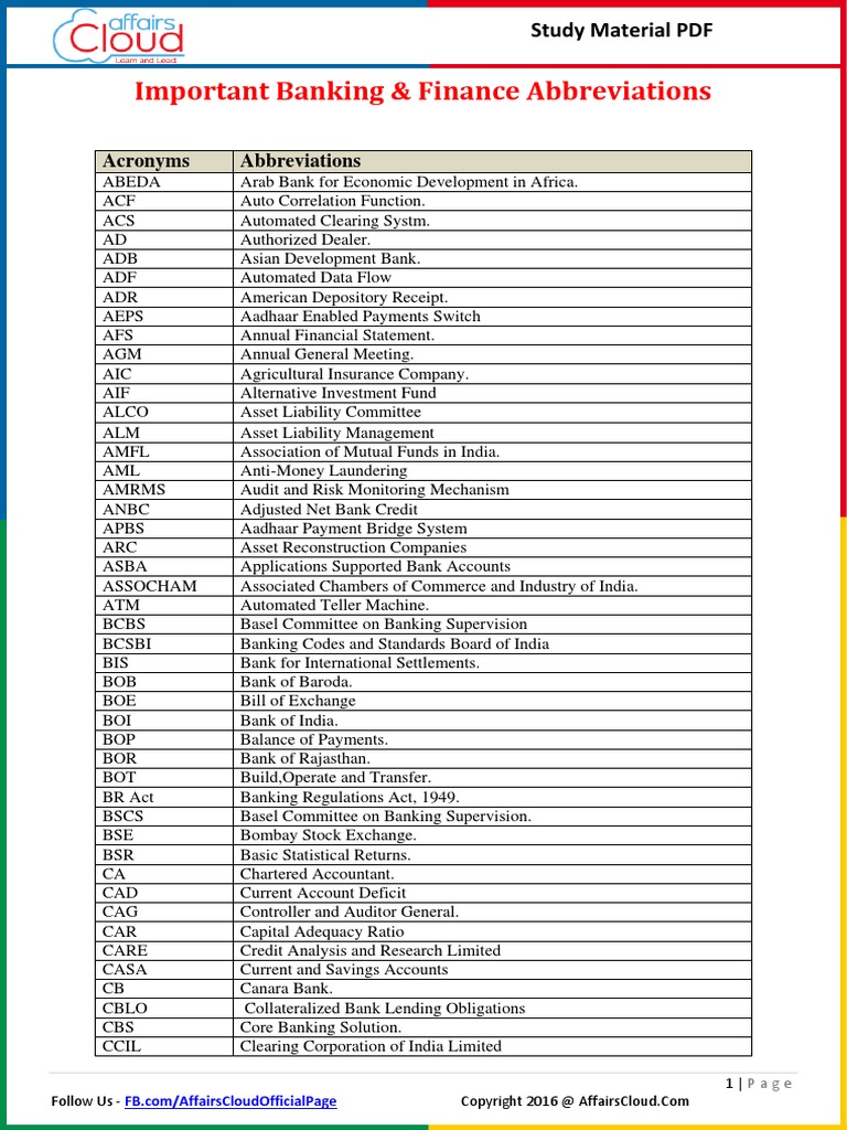 Important Banking & Finance Abbreviations PDF by AffairsCloud | PDF ...