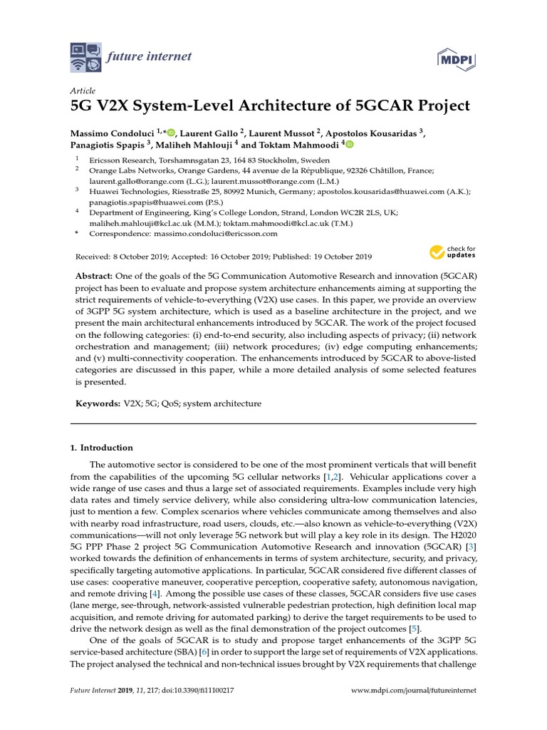 5G V2X System-Level Architecture of 5GCAR Project: Future Internet ...