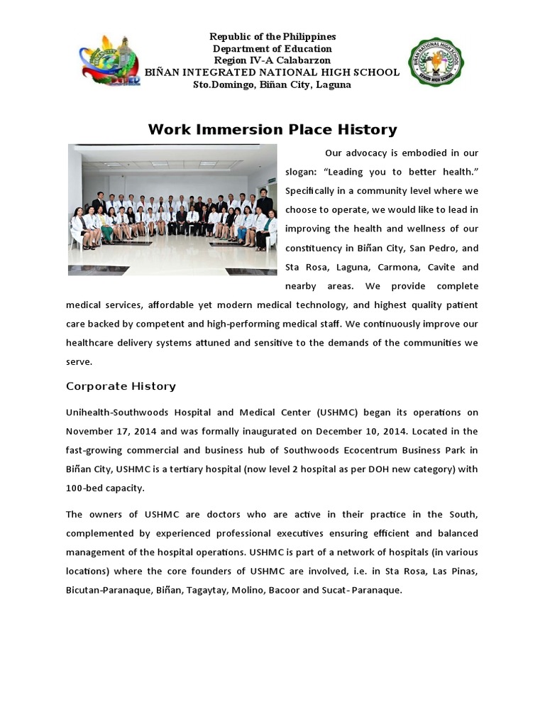 Work Immersion Place History | PDF | Hospital | Health Care