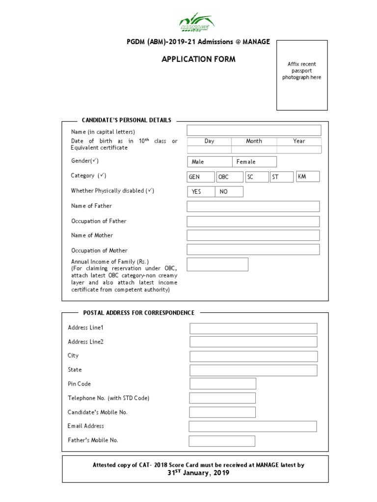 Application Form: PGDM (ABM) - 2019-21 Admissions at MANAGE | PDF ...