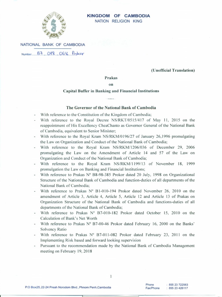 Prakas On Capital Buffer in BFIs ENG | PDF