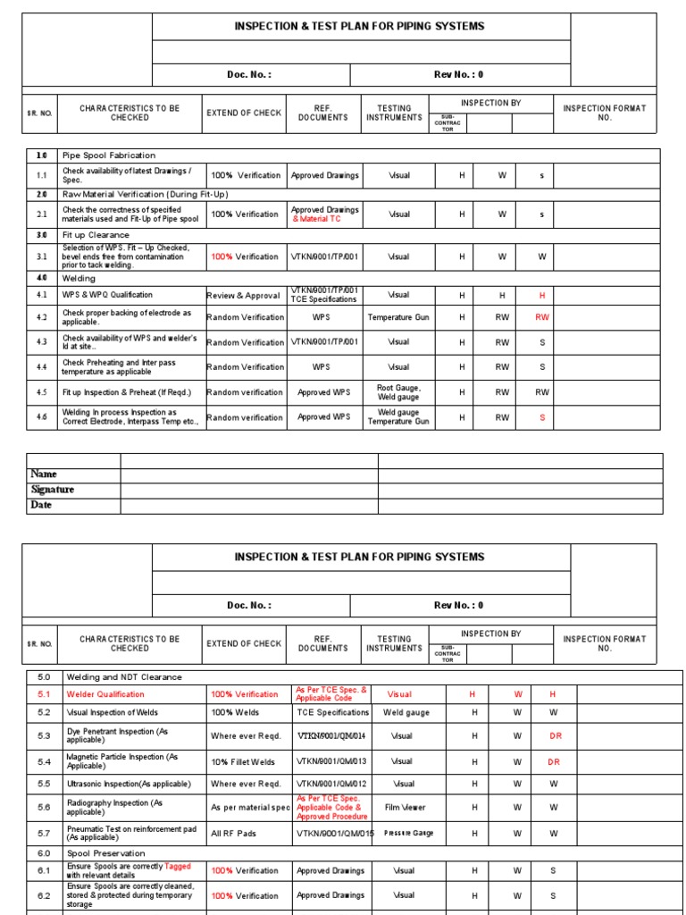 Piping Inspection and Test Plan | PDF | Welding | Construction
