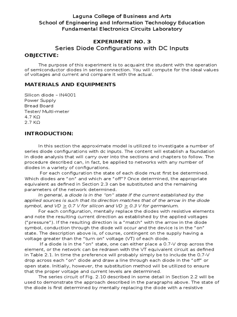 Series Diode Configurations With DC Inputs: Experiment No. 3 Objective | PDF | Diode ...