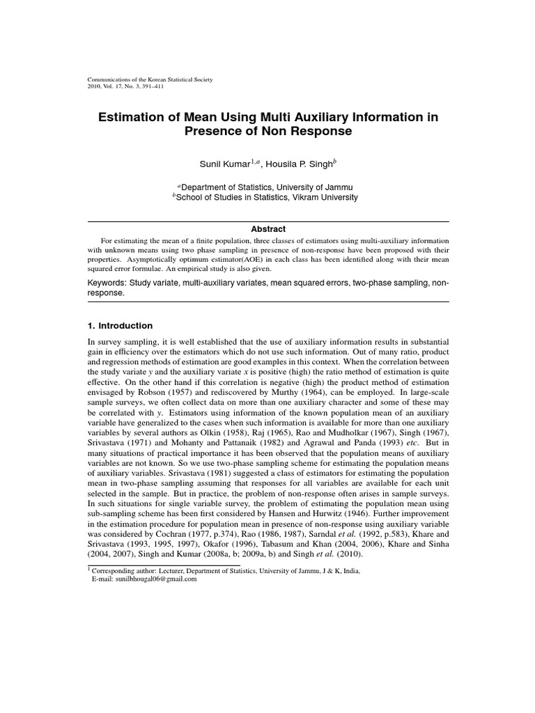 Estimation of Mean Using Multi Auxiliary Information in Presence of Non Response | PDF ...