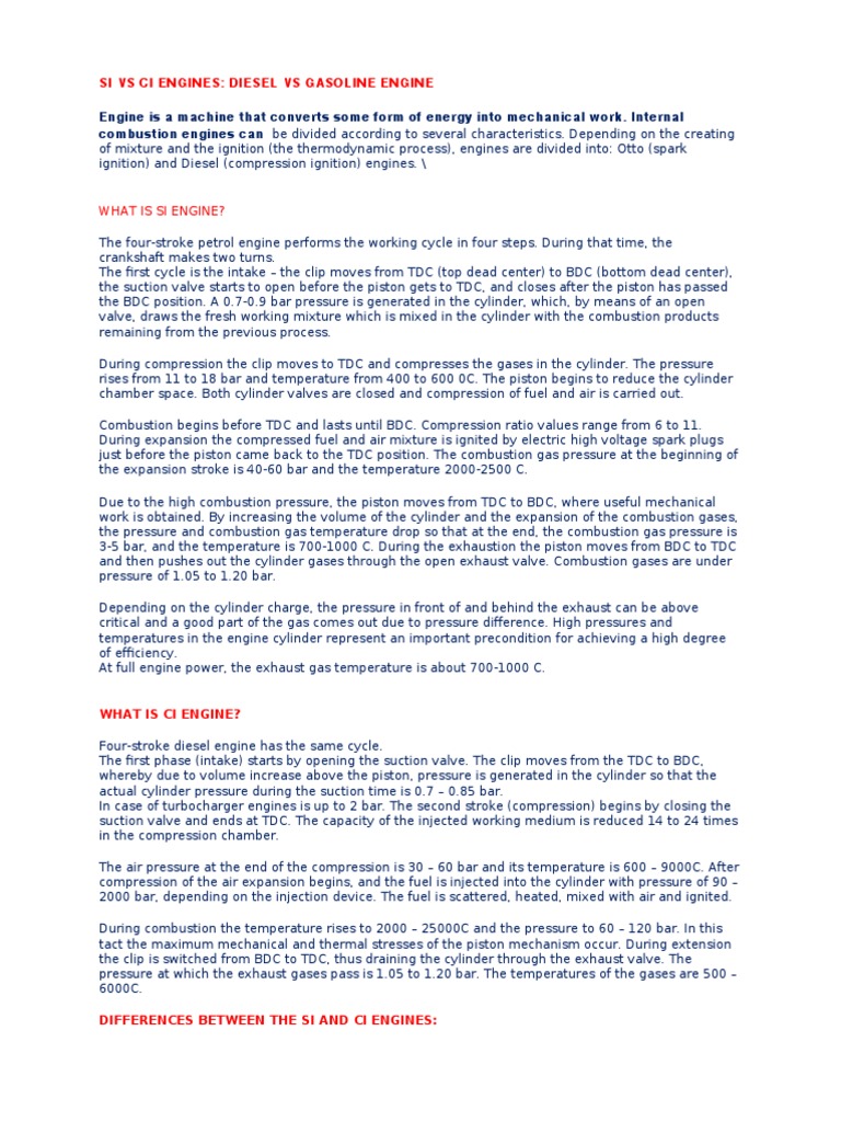 Si Vs Ci Engines Pdf Internal Combustion Engine Diesel Engine