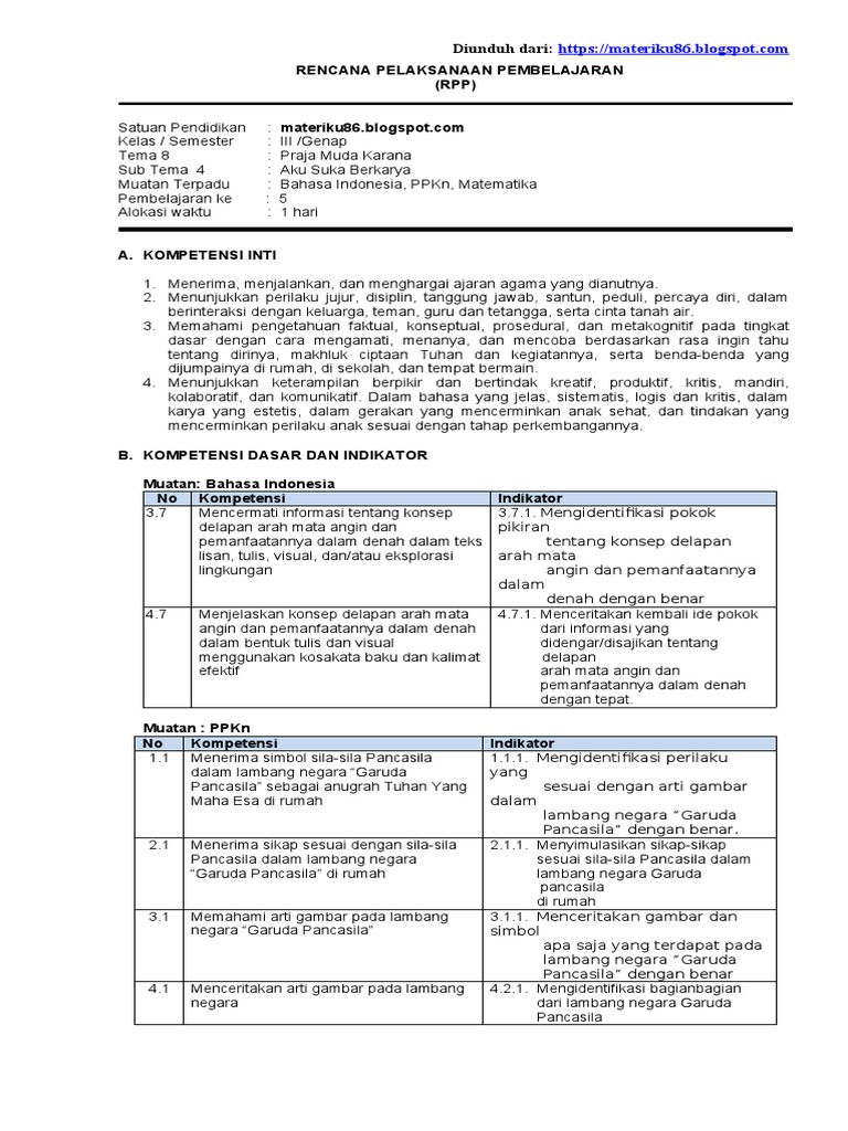 (Materiku86.Blogspot - Com) RPP Kelas 3 Tema 8 4 5 K13 Rev2018 | PDF