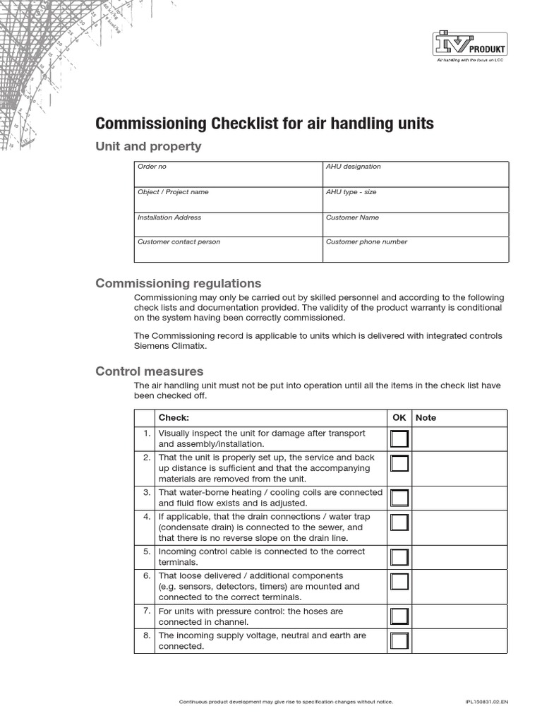 Commissioning Checklist For Air Handling Units: Unit and Property | PDF ...