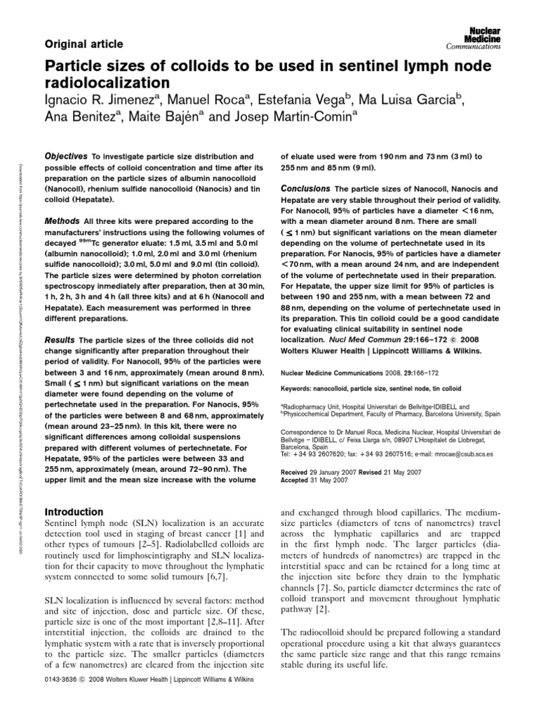 Particle Sizes of Colloids To Be Used in Sentinel Lymph Node ...