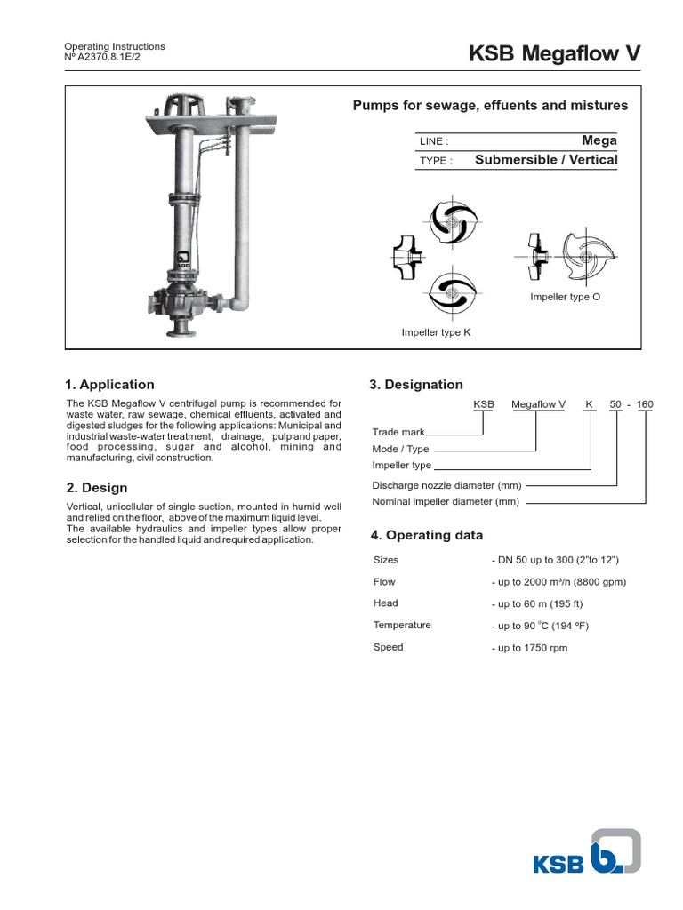 KSB Megaflow V: Pumps For Sewage, Effuents and Mistures | PDF | Bearing (Mechanical) | Pump