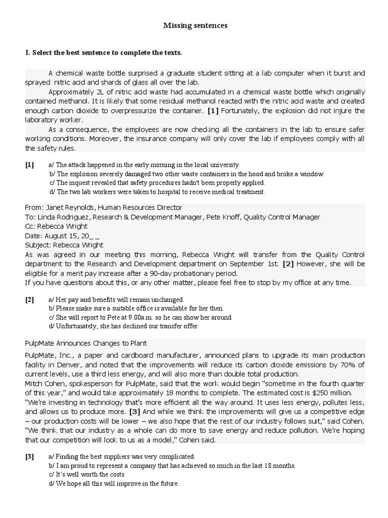 I. Select The Best Sentence To Complete The Texts.: Missing Sentences ...