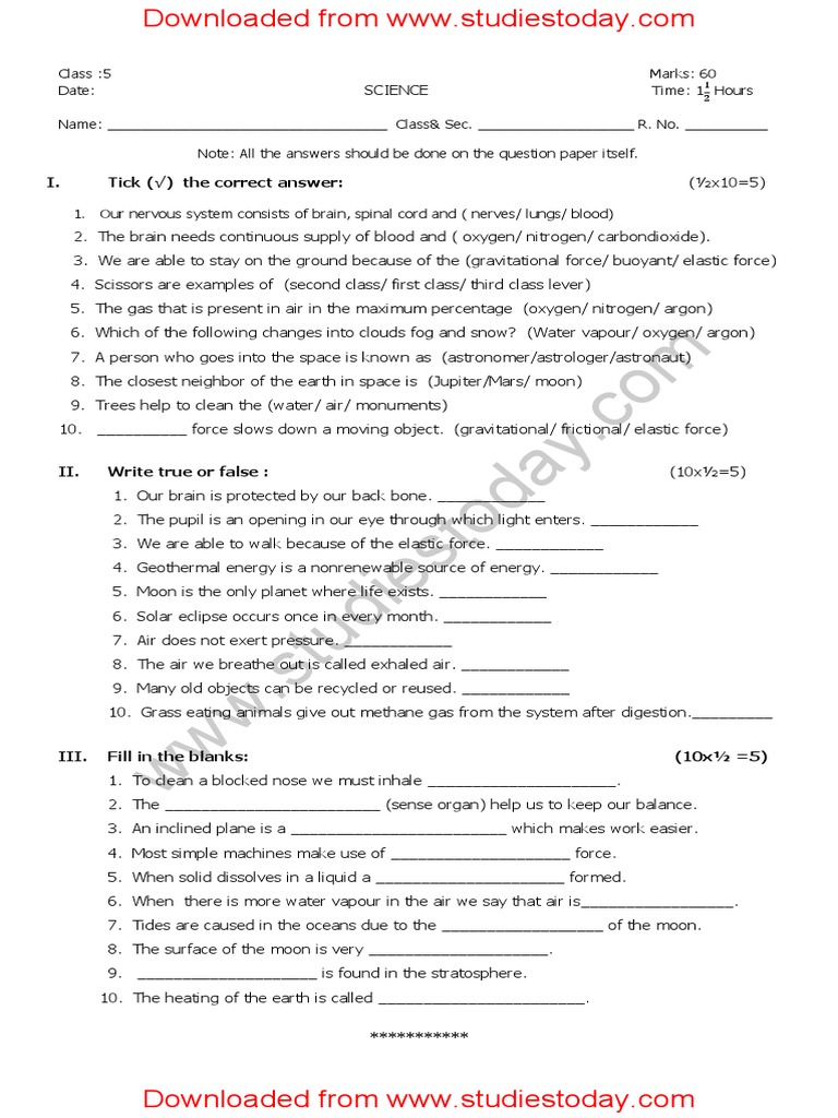 CBSE Class 5 Science Question Paper Set E PDF | PDF | Atmosphere Of ...