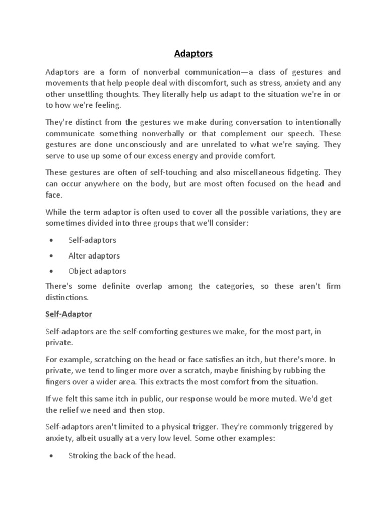 Adaptors: Self-Adaptor | PDF | Gesture | Nonverbal Communication