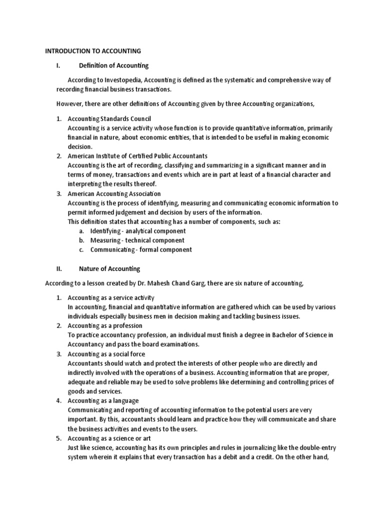 Introduction To Accounting I. Definition of Accounting | PDF ...