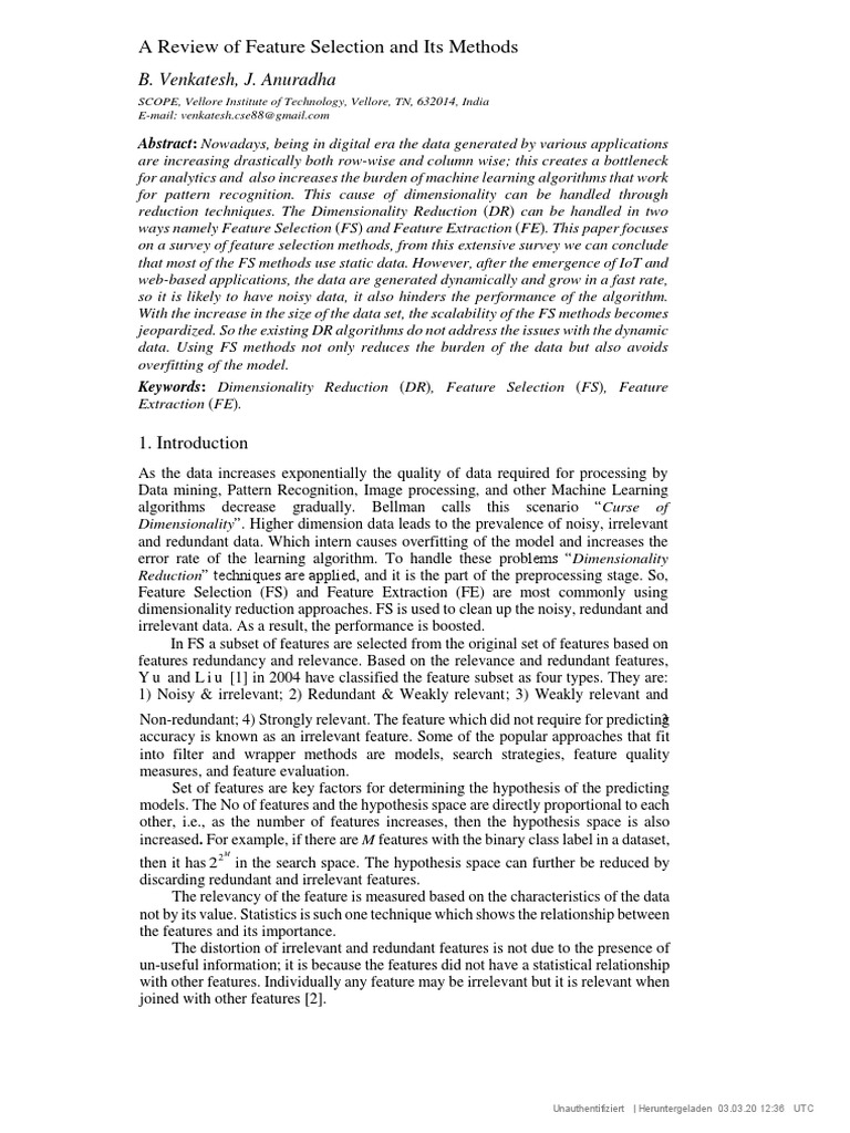 A Review of Feature Selection and Its Methods | PDF | Statistical ...