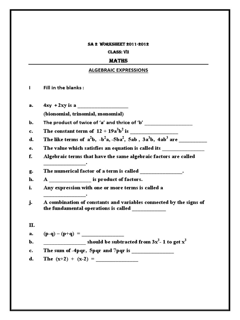 Class 7 Algebraic Expressions Worksheet | PDF | Teaching Methods ...