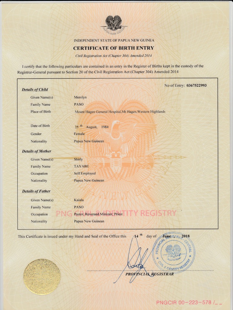Certificate Birth: Entry | PDF