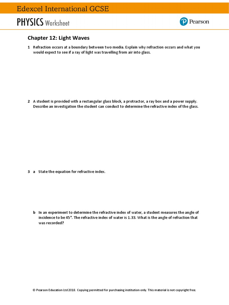IGCSE - Physics - Worksheet 12 - Light Waves | PDF