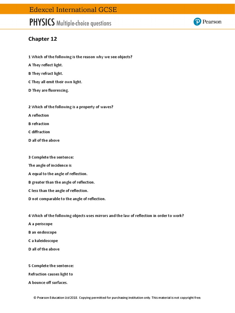 IGCSE - Physics - MCQ 12 - Light Waves | PDF | Refraction | Reflection ...