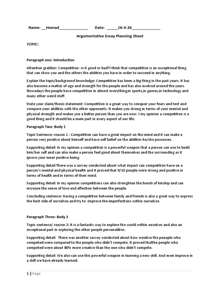 HAMAD Noor - Argumentative Planning Sheet | PDF | Competition | Reason