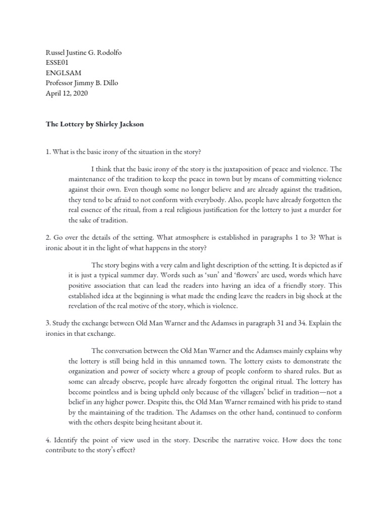 Analysis of The Lottery by Shirley Jackson | PDF | Narration | Rituals