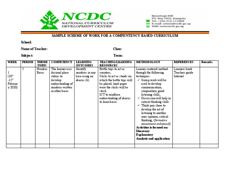 Sample Scheme of Work For A Compentency Based Curriculum | PDF ...