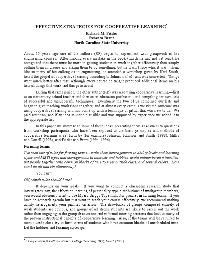 Effective Strategies For Cooperative Learning: Richard M. Felder ...