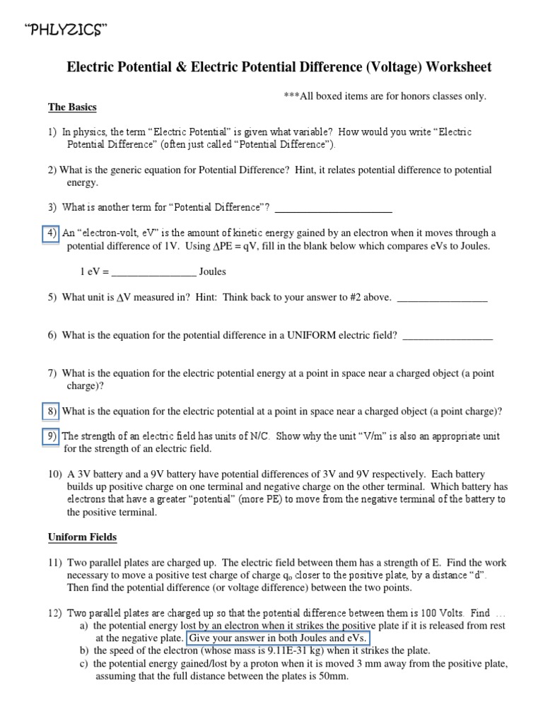 Electric Potential & Voltage Worksheet | PDF | Electronvolt | Voltage