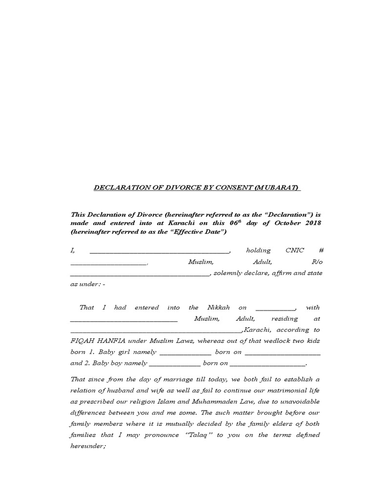 Declaration of Divorce by Consent (Mubaraat) Detailing Custody ...