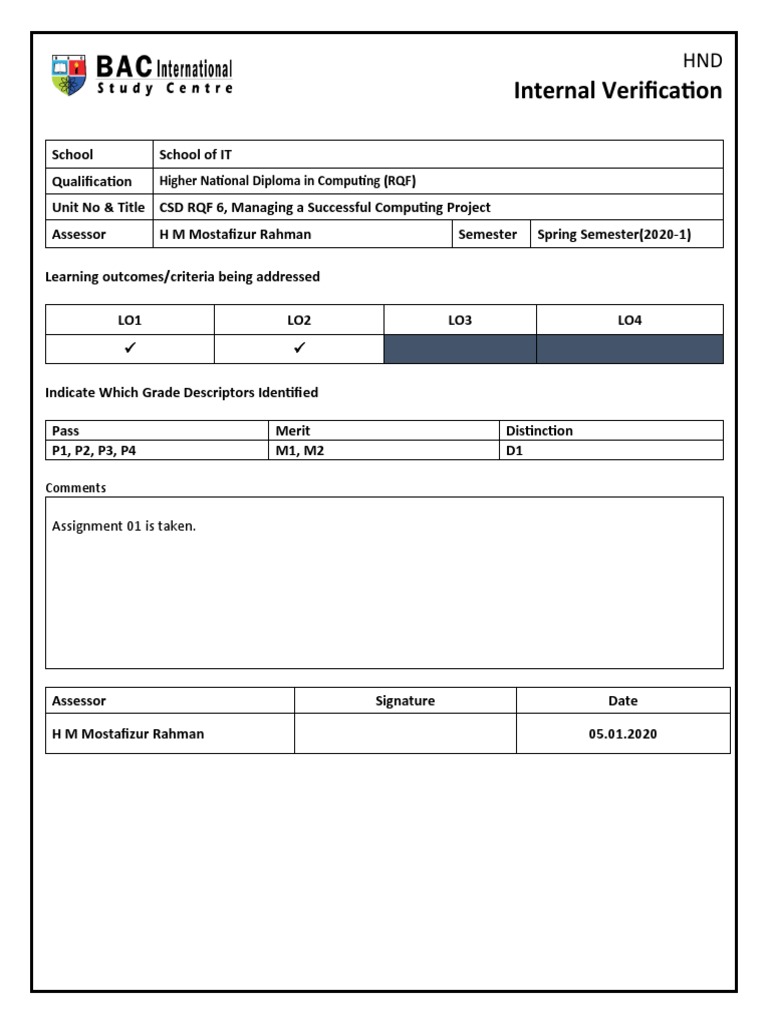 Internal Verification: Higher National Diploma in Computing (RQF) | PDF ...