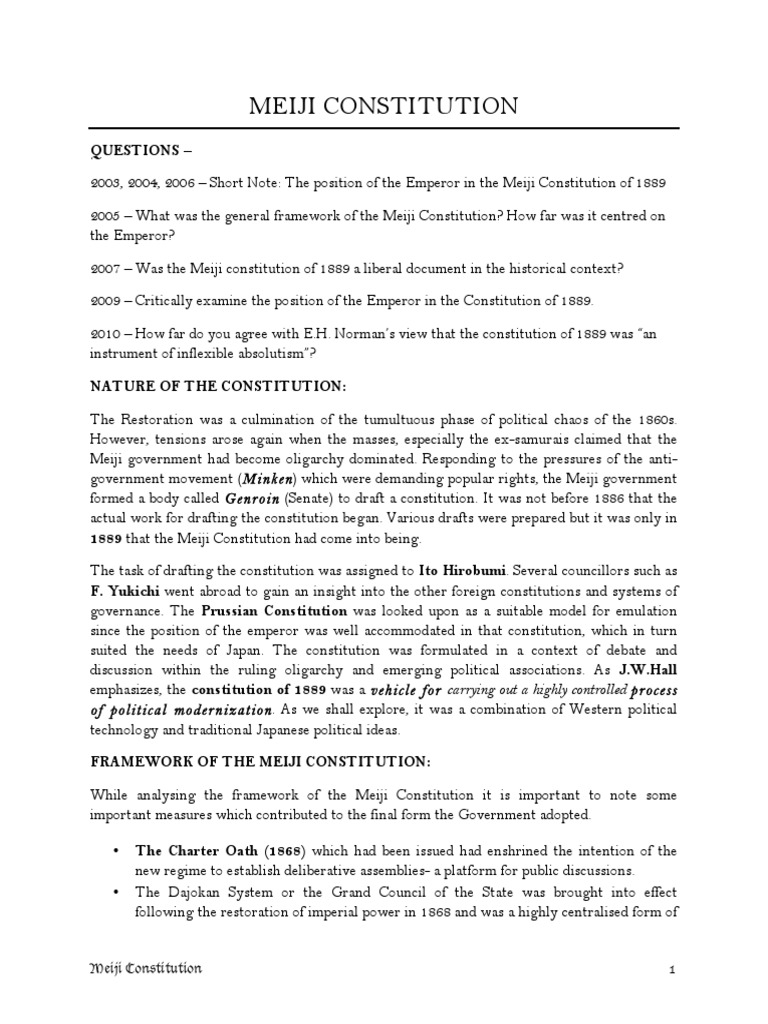 Meiji Constitution: Questions | PDF | Constitution | Political Science