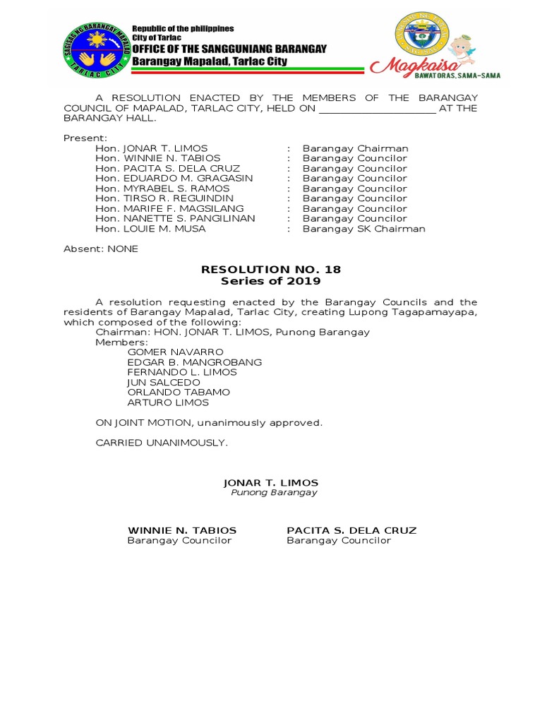 Brgy Mapalad Resolution No. 18 Lupon | PDF | Politics
