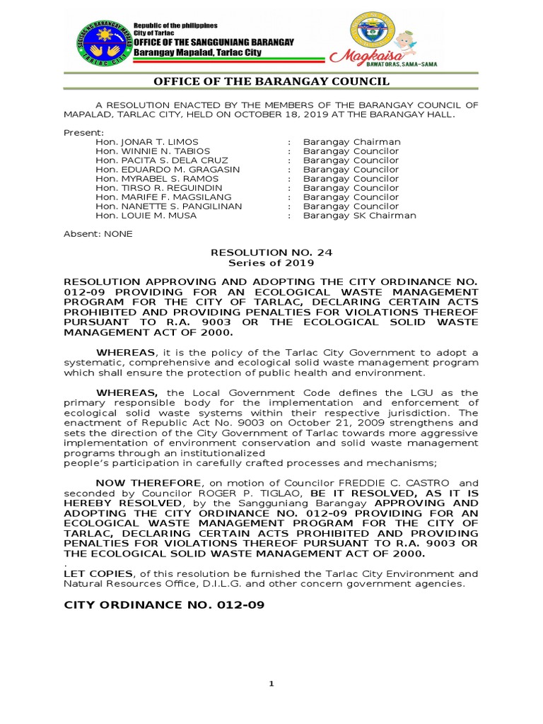Brgy Mapalad Resolution No. 24 SOlid Waste Management | PDF | Waste Management | Municipal Solid ...