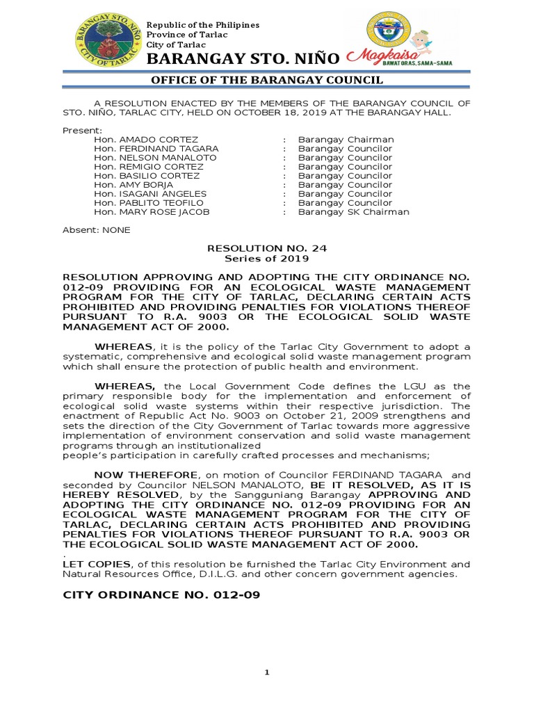 Brgy Sto Nino Resolution Solid Waste Management | PDF | Waste ...