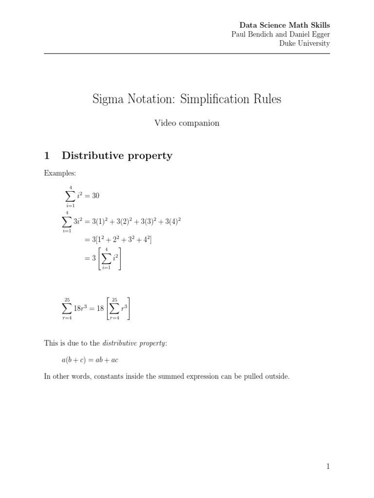 Sigma Notation: Simplification Rules: 1 Distributive Property | PDF