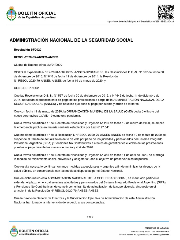 Reso 95-2020 Anses Fe de Vida | PDF | Seguridad Social | Pensión