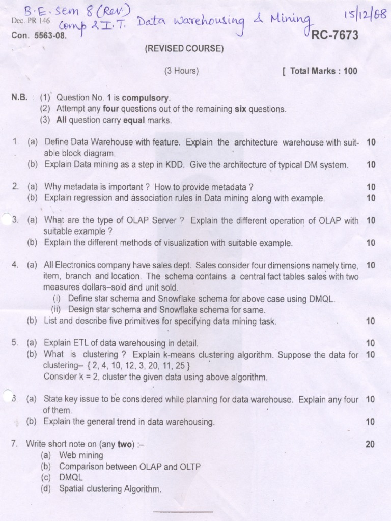 (WWW - Entrance-Exam - Net) - MU BE in IT 7th Sem. Data Warehousing, Mining and Business ...