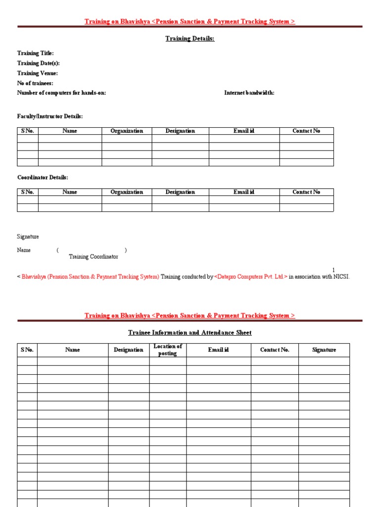 Training Information and Attendance Sheet - Bhavishya | PDF