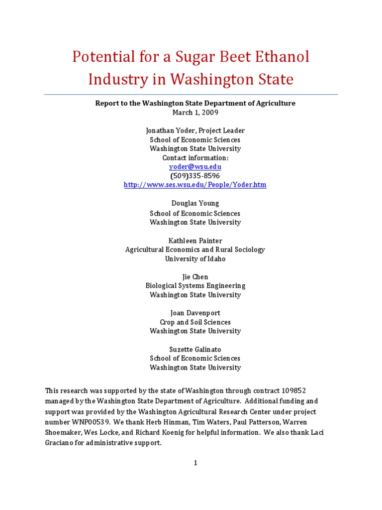 Potential For A Sugar Beet Ethanol Industry in Washington State | PDF ...