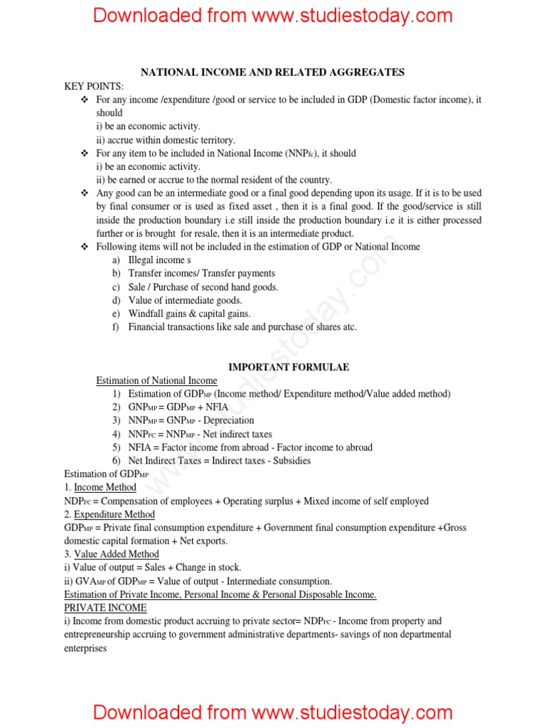 CBSE Class 12 Economics - National Income and Related Aggregates PDF ...