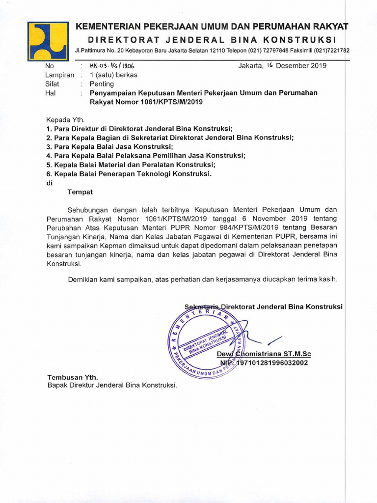 Penyampaian Keputusan Menteri PUPR No 1061 | PDF