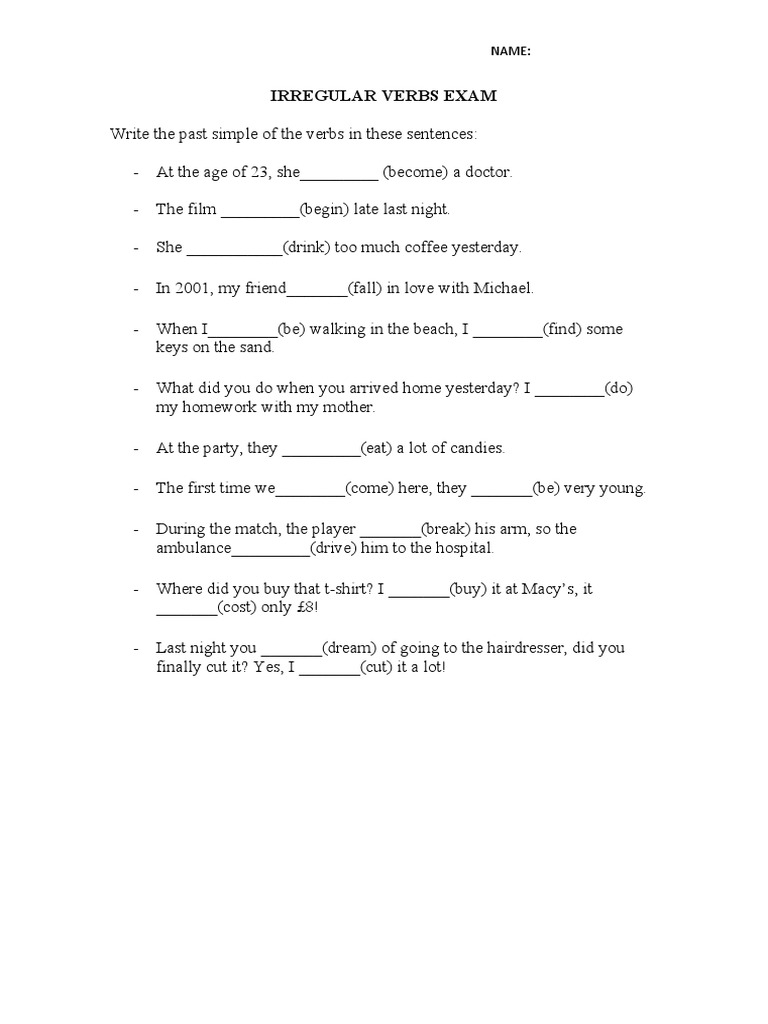 Irregular Verbs Exam | PDF
