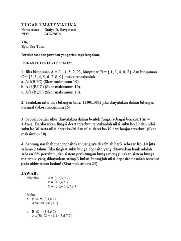 JAWABAN Tugas 1 MATEMATIKA | PDF