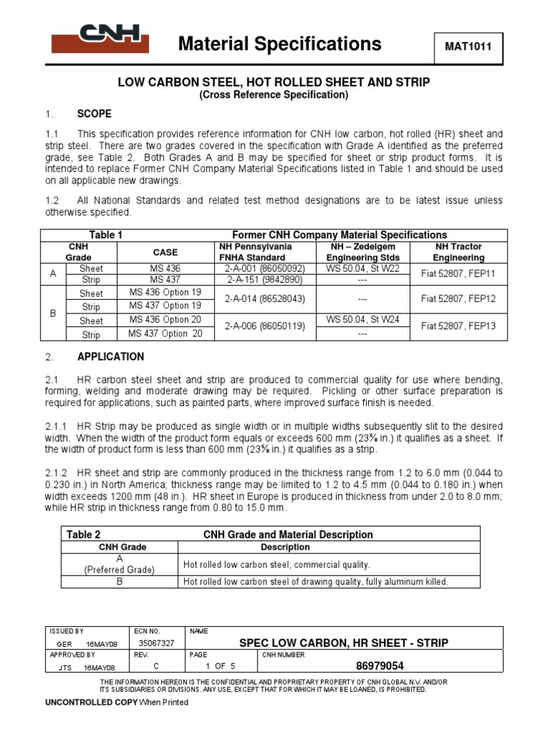 Material Specifications: Low Carbon Steel, Hot Rolled Sheet and Strip ...